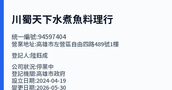 川蜀天下水煮魚料理行的照片-統編 94597404(高雄市) 公司登記資料與營業項目詳細圖表