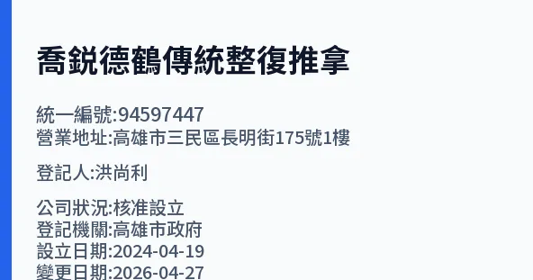 喬鋭德鶴傳統整復推拿的照片-統編 94597447(高雄市) 公司登記資料與營業項目詳細圖表