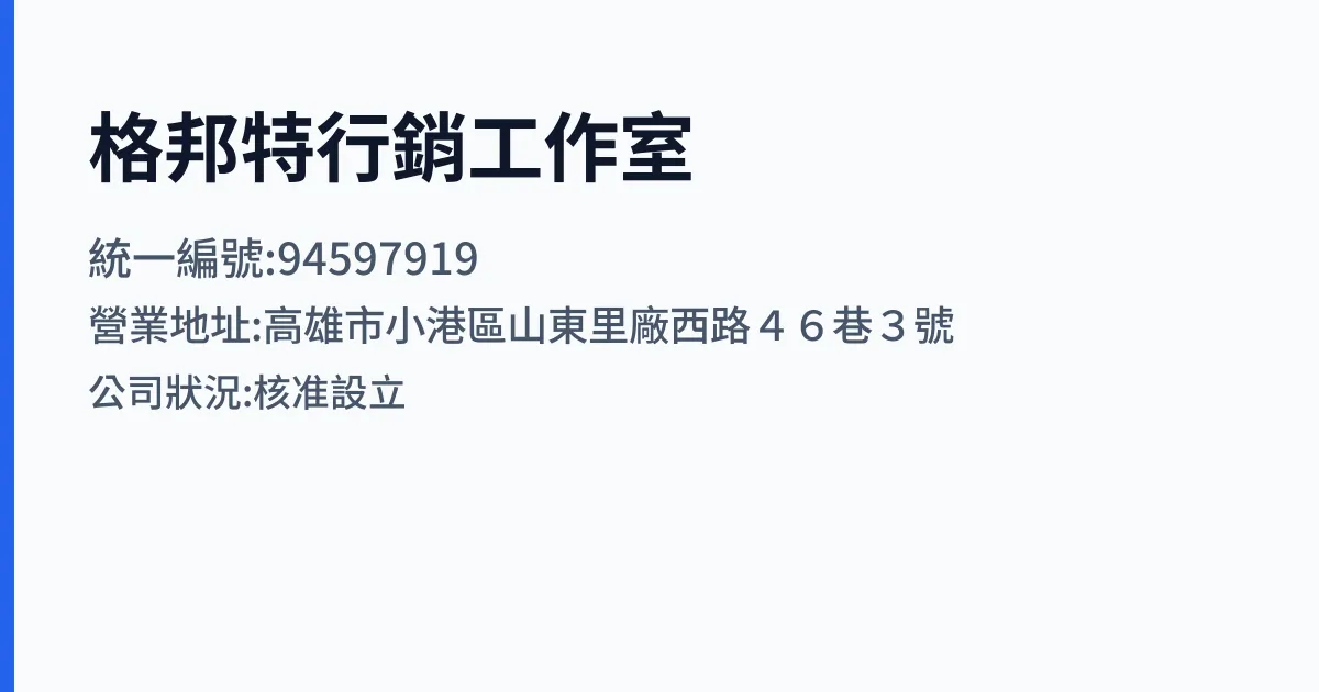 格邦特行銷工作室 - 統編 94597919(高雄市) 公司登記資料與營業項目詳細圖表