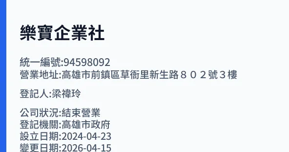樂寶企業社的照片-統編 94598092(高雄市) 公司登記資料與營業項目詳細圖表