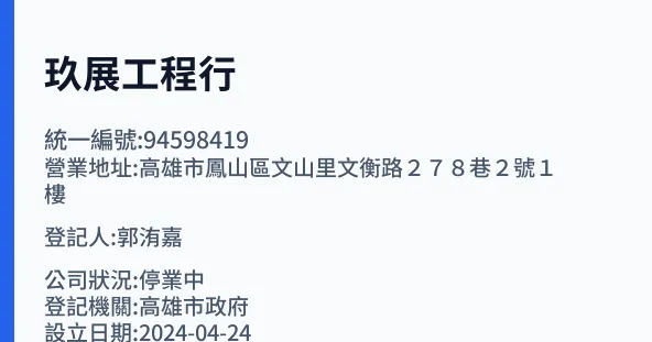 玖展工程行的照片-統編 94598419(高雄市) 公司登記資料與營業項目詳細圖表