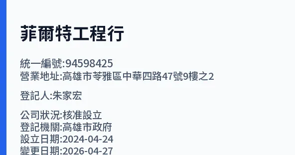菲爾特工程行的照片-統編 94598425(高雄市) 公司登記資料與營業項目詳細圖表