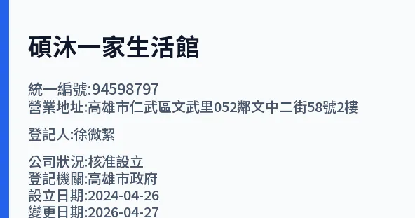 碩沐一家生活館的照片-統編 94598797(高雄市) 公司登記資料與營業項目詳細圖表
