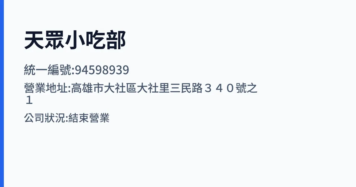 天眾小吃部 - 統編 94598939(高雄市) 公司登記資料與營業項目詳細圖表