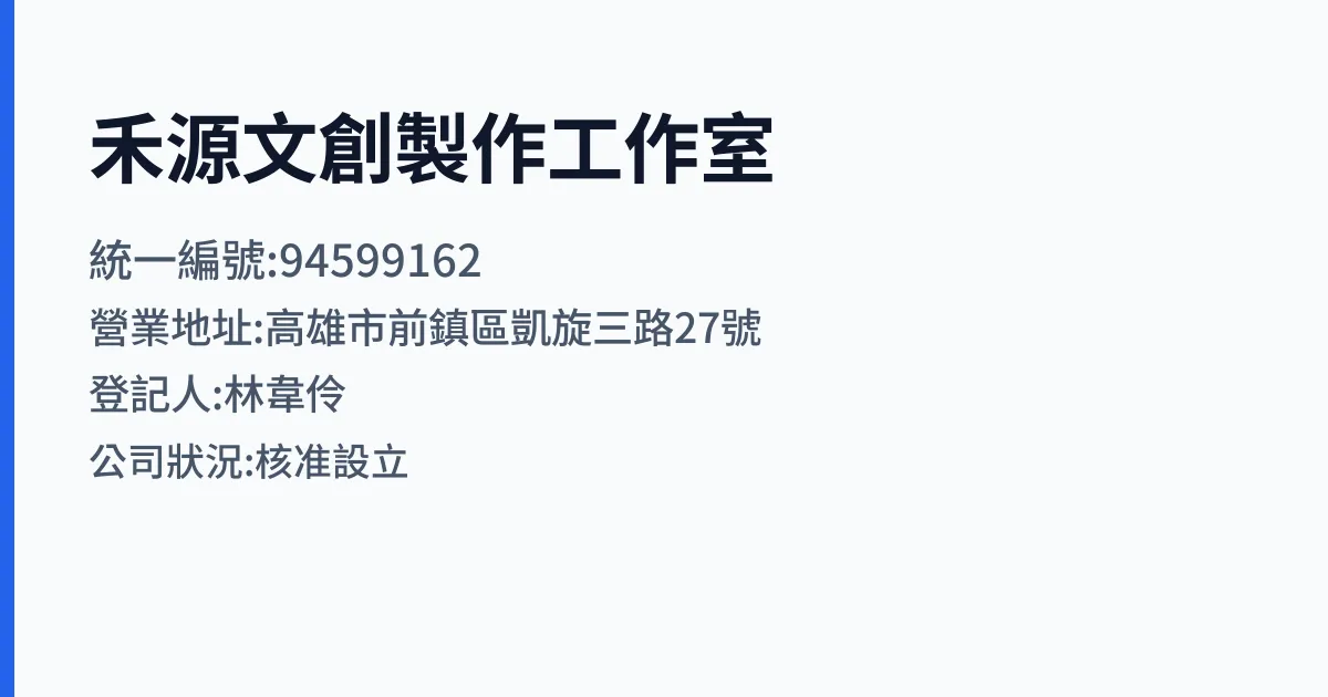 禾源文創製作工作室 - 統編 94599162(高雄市) 公司登記資料與營業項目詳細圖表