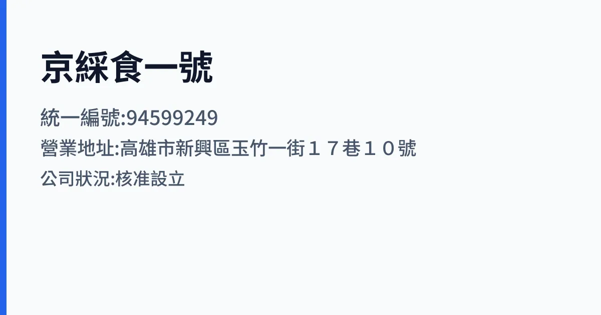 京綵食一號 - 統編 94599249(高雄市) 公司登記資料與營業項目詳細圖表