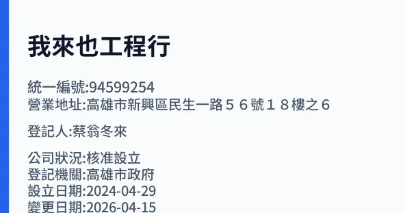 我來也工程行的照片-統編 94599254(高雄市) 公司登記資料與營業項目詳細圖表