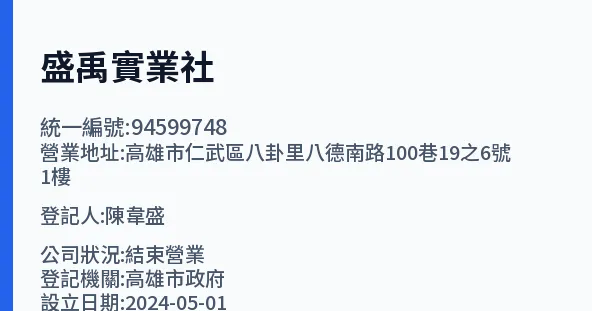 盛禹實業社的照片-統編 94599748(高雄市) 公司登記資料與營業項目詳細圖表