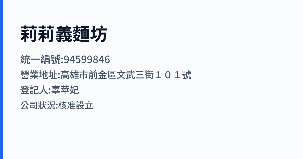 莉莉義麵坊 - 統編 94599846(高雄市) 公司登記資料與營業項目詳細圖表