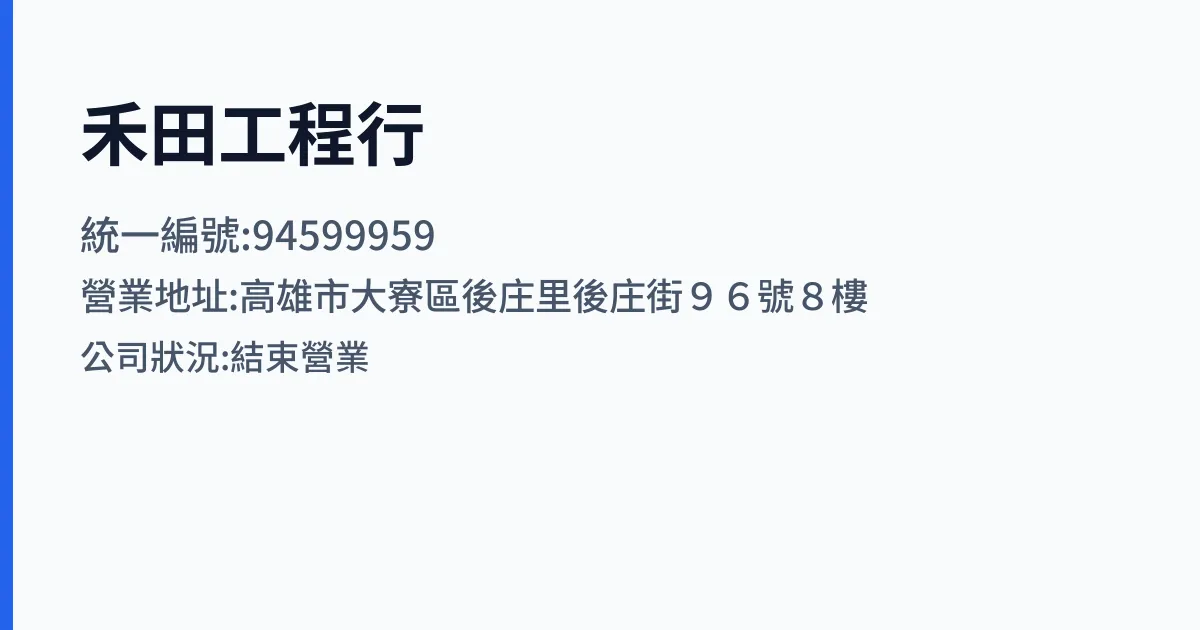 禾田工程行 - 統編 94599959(高雄市) 公司登記資料與營業項目詳細圖表