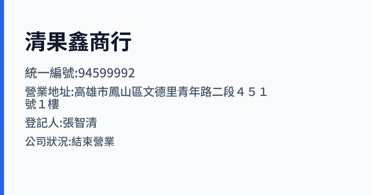 清果鑫商行 - 統編 94599992(高雄市) 公司登記資料與營業項目詳細圖表