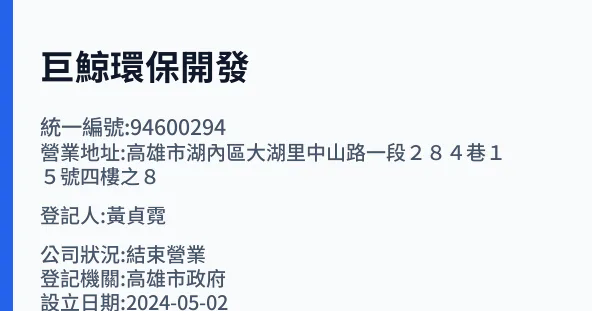 巨鯨環保開發的照片-統編 94600294(高雄市) 公司登記資料與營業項目詳細圖表