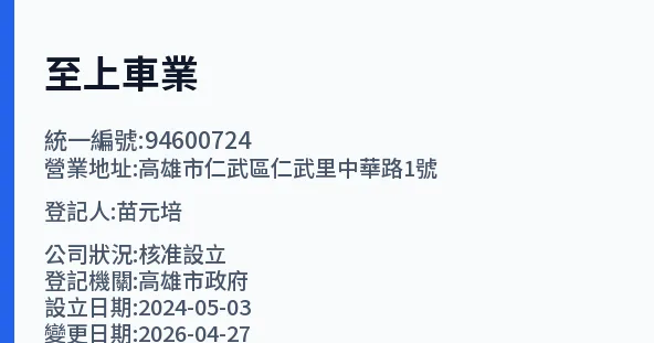 至上車業的照片-統編 94600724(高雄市) 公司登記資料與營業項目詳細圖表