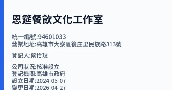 恩筵餐飲文化工作室的照片-統編 94601033(高雄市) 公司登記資料與營業項目詳細圖表