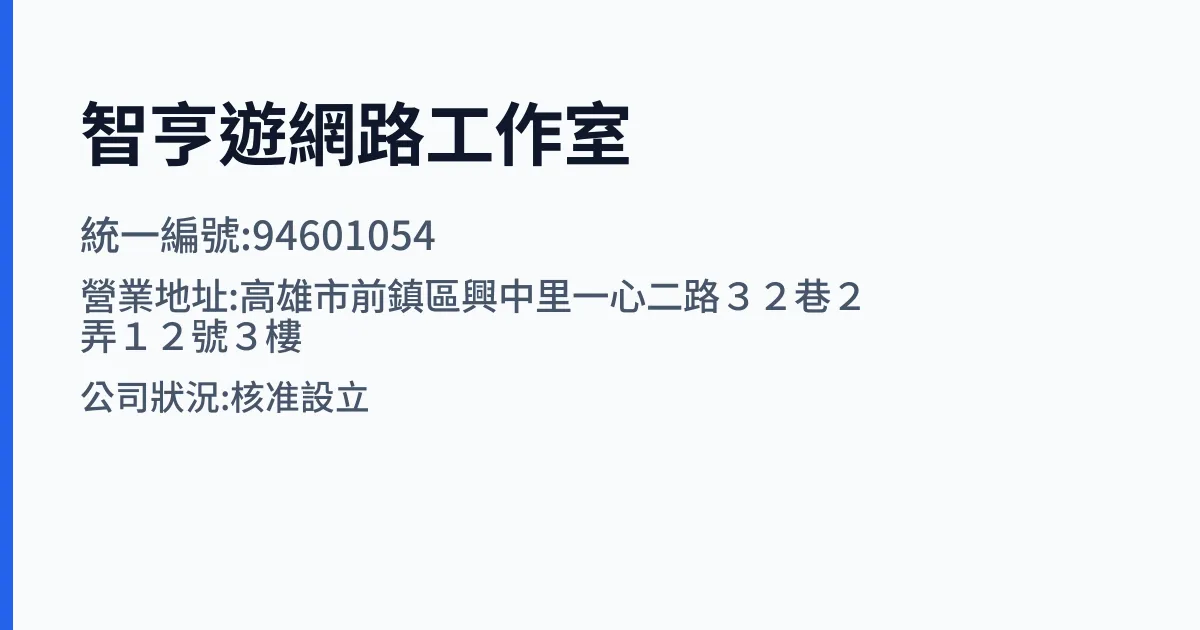智亨遊網路工作室 - 統編 94601054(高雄市) 公司登記資料與營業項目詳細圖表