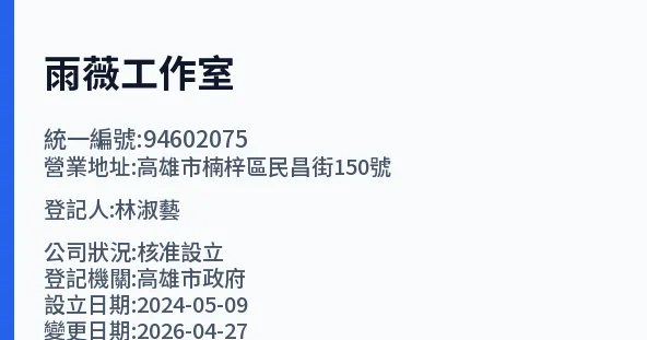 雨薇工作室的照片-統編 94602075(高雄市) 公司登記資料與營業項目詳細圖表