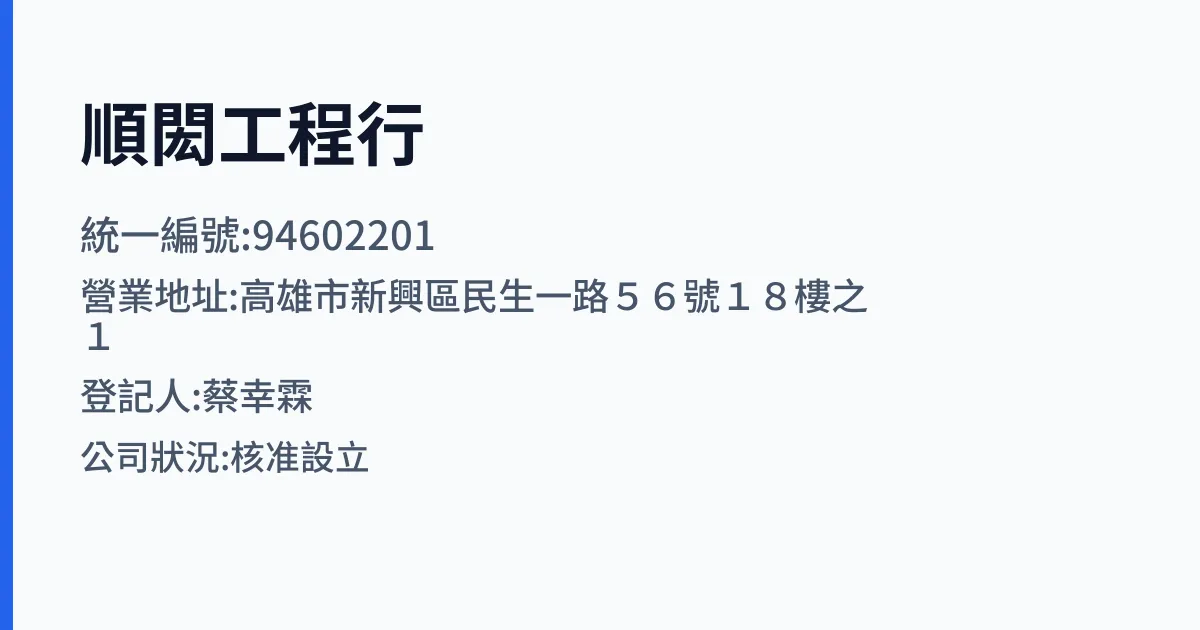 順閎工程行 - 統編 94602201(高雄市) 公司登記資料與營業項目詳細圖表