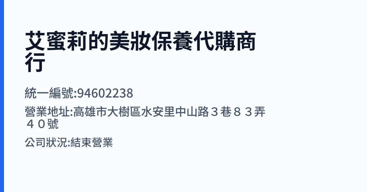 艾蜜莉的美妝保養代購商行 - 統編 94602238(高雄市) 公司登記資料與營業項目詳細圖表