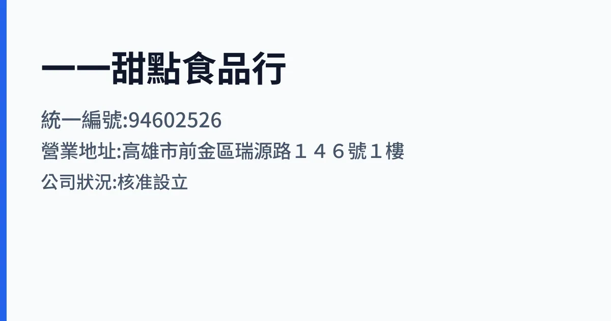 一一甜點食品行 - 統編 94602526(高雄市) 公司登記資料與營業項目詳細圖表