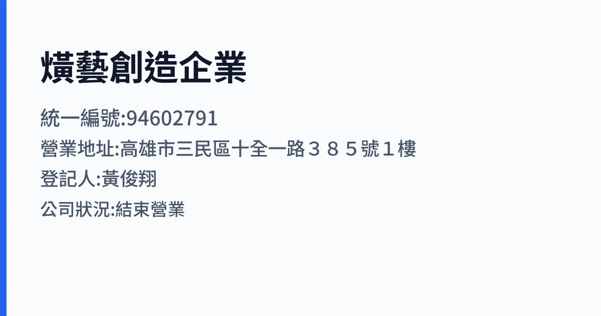 熿藝創造企業 - 統編 94602791(高雄市) 公司登記資料與營業項目詳細圖表