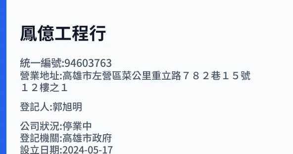 鳳億工程行的照片-統編 94603763(高雄市) 公司登記資料與營業項目詳細圖表