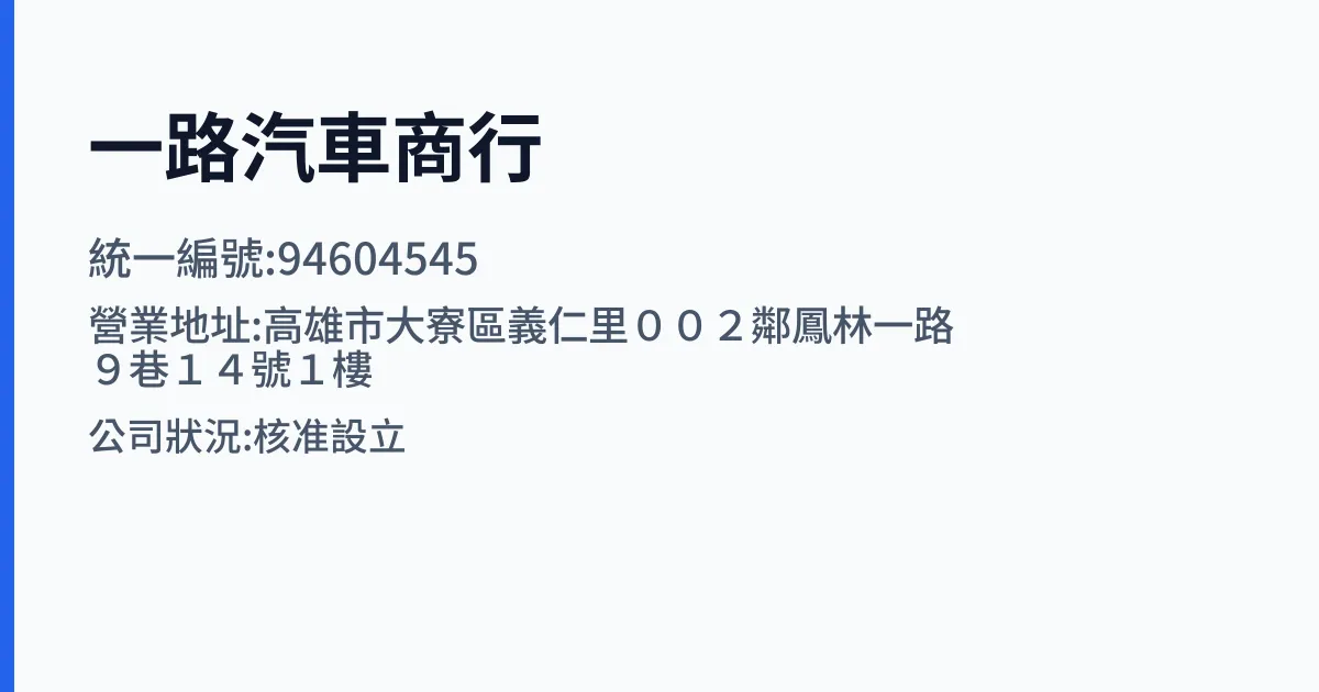 一路汽車商行 - 統編 94604545(高雄市) 公司登記資料與營業項目詳細圖表