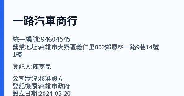 一路汽車商行的照片-統編 94604545(高雄市) 公司登記資料與營業項目詳細圖表