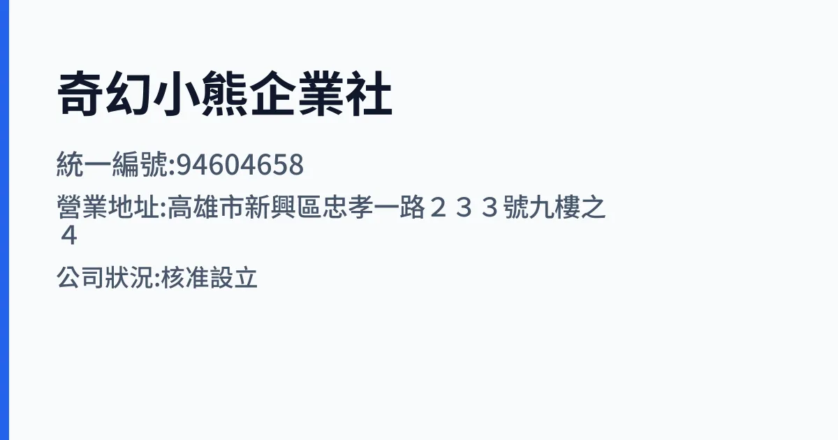 奇幻小熊企業社 - 統編 94604658(高雄市) 公司登記資料與營業項目詳細圖表