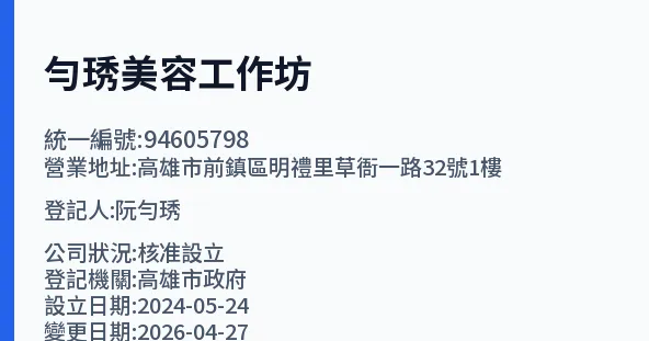 勻琇美容工作坊的照片-統編 94605798(高雄市) 公司登記資料與營業項目詳細圖表