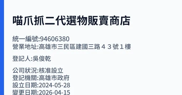 喵爪抓二代選物販賣商店的照片-統編 94606380(高雄市) 公司登記資料與營業項目詳細圖表