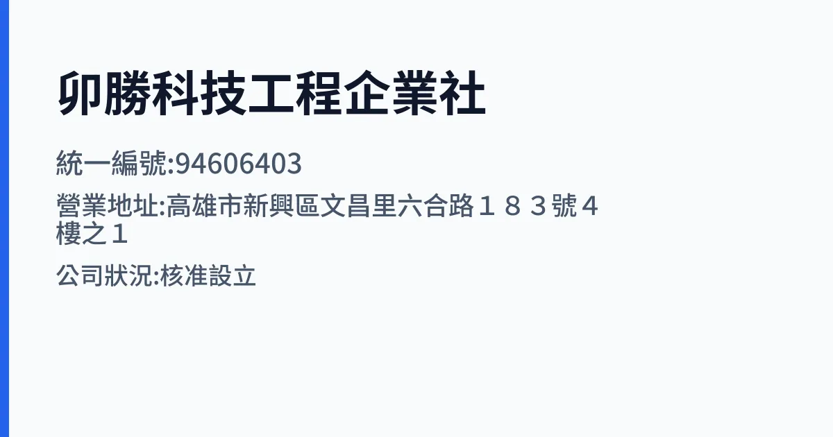 卯勝科技工程企業社 - 統編 94606403(高雄市) 公司登記資料與營業項目詳細圖表