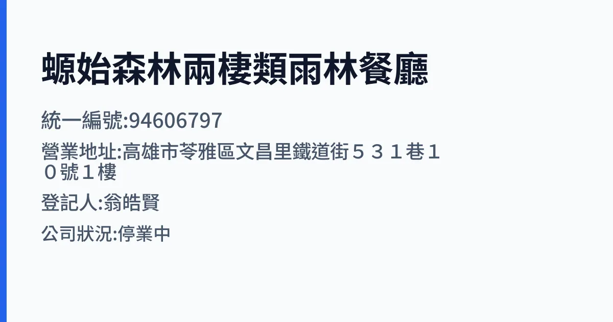 螈始森林兩棲類雨林餐廳 - 統編 94606797(高雄市) 公司登記資料與營業項目詳細圖表