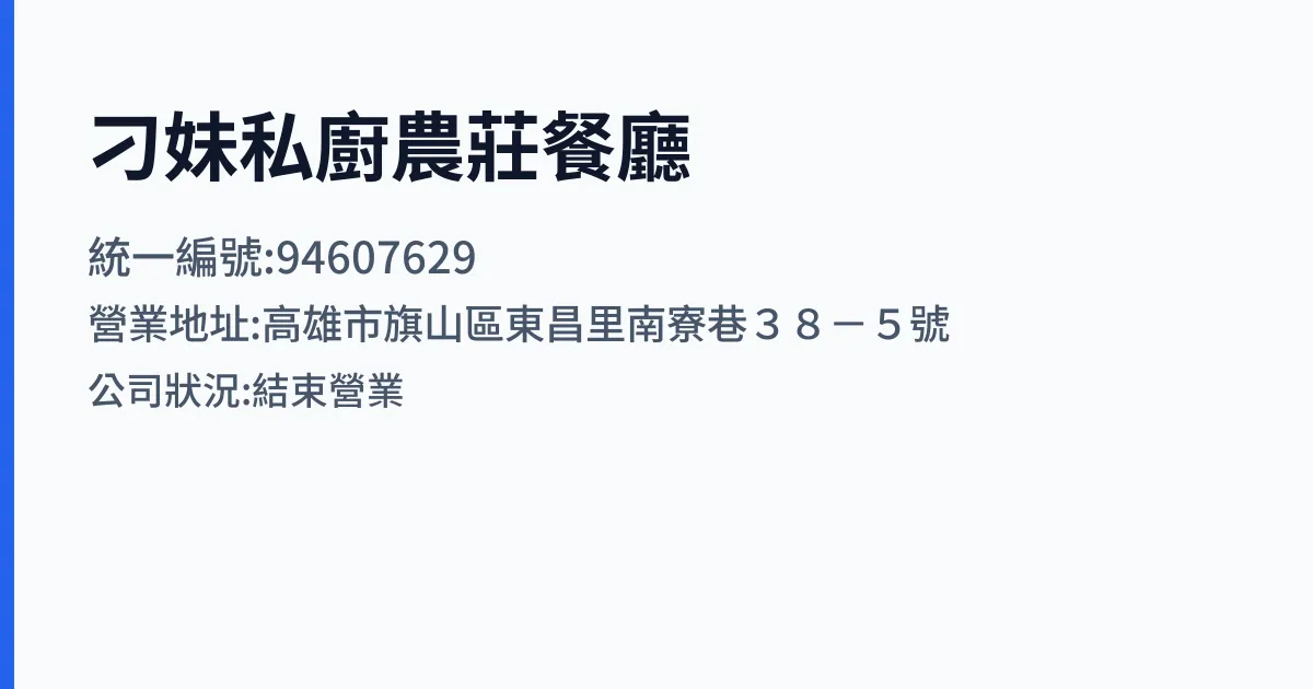 刁妹私廚農莊餐廳 - 統編 94607629(高雄市) 公司登記資料與營業項目詳細圖表