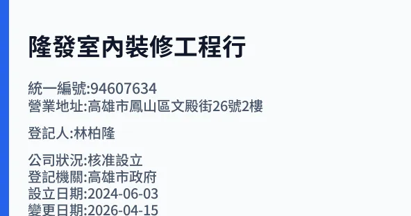 隆發室內裝修工程行的照片-統編 94607634(高雄市) 公司登記資料與營業項目詳細圖表
