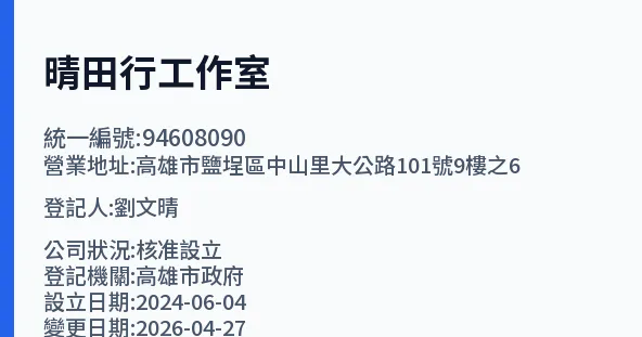 晴田行工作室的照片-統編 94608090(高雄市) 公司登記資料與營業項目詳細圖表