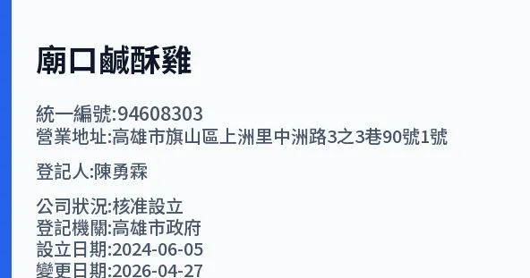 廟口鹹酥雞的照片-統編 94608303(高雄市) 公司登記資料與營業項目詳細圖表