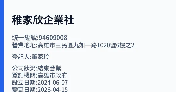 稚家欣企業社的照片-統編 94609008(高雄市) 公司登記資料與營業項目詳細圖表