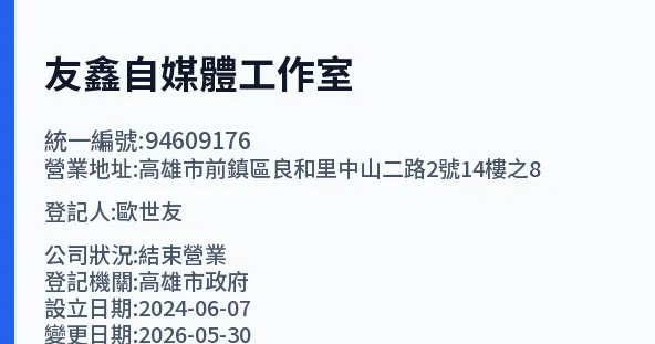 友鑫自媒體工作室的照片-統編 94609176(高雄市) 公司登記資料與營業項目詳細圖表