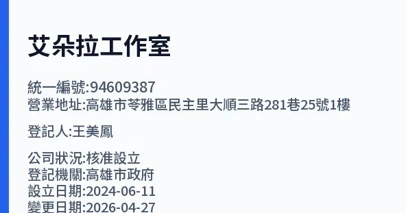 艾朵拉工作室的照片-統編 94609387(高雄市) 公司登記資料與營業項目詳細圖表