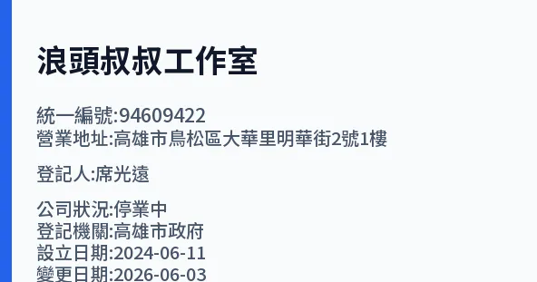 浪頭叔叔工作室的照片-統編 94609422(高雄市) 公司登記資料與營業項目詳細圖表