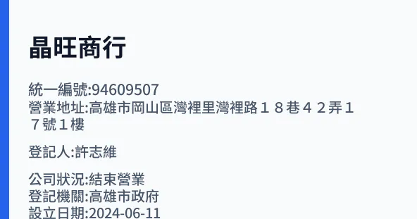 晶旺商行的照片-統編 94609507(高雄市) 公司登記資料與營業項目詳細圖表