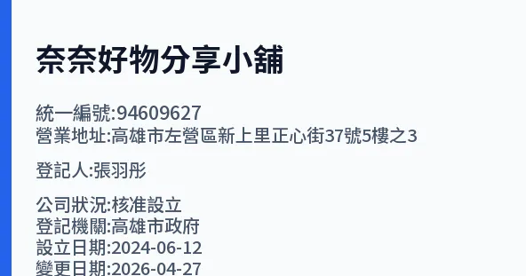 奈奈好物分享小舖的照片-統編 94609627(高雄市) 公司登記資料與營業項目詳細圖表
