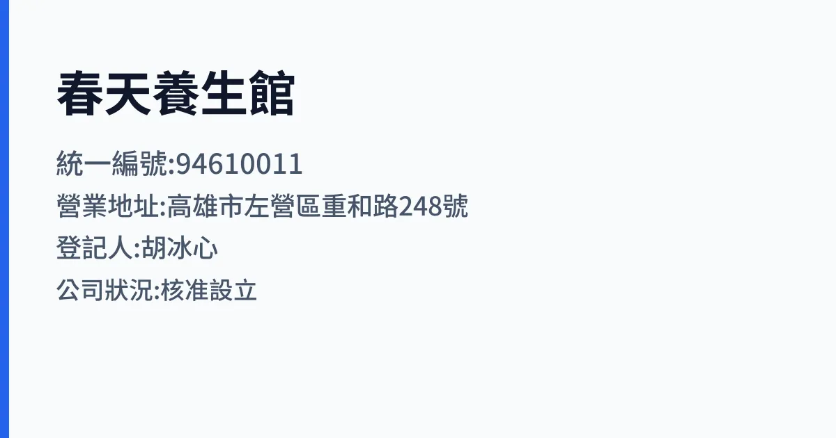 春天養生館 - 統編 94610011(高雄市) 公司登記資料與營業項目詳細圖表