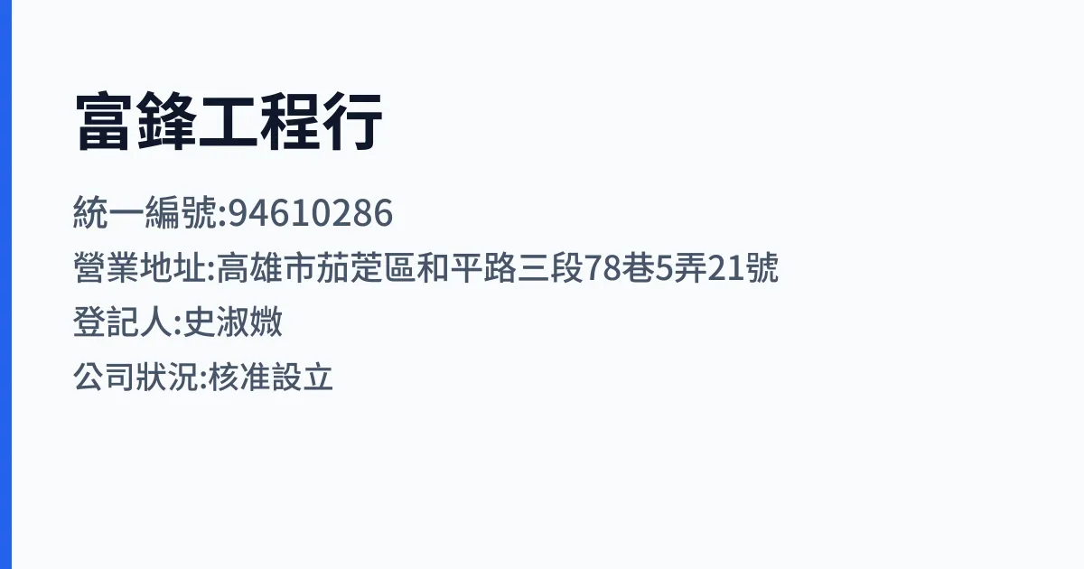 富鋒工程行 - 統編 94610286(高雄市) 公司登記資料與營業項目詳細圖表