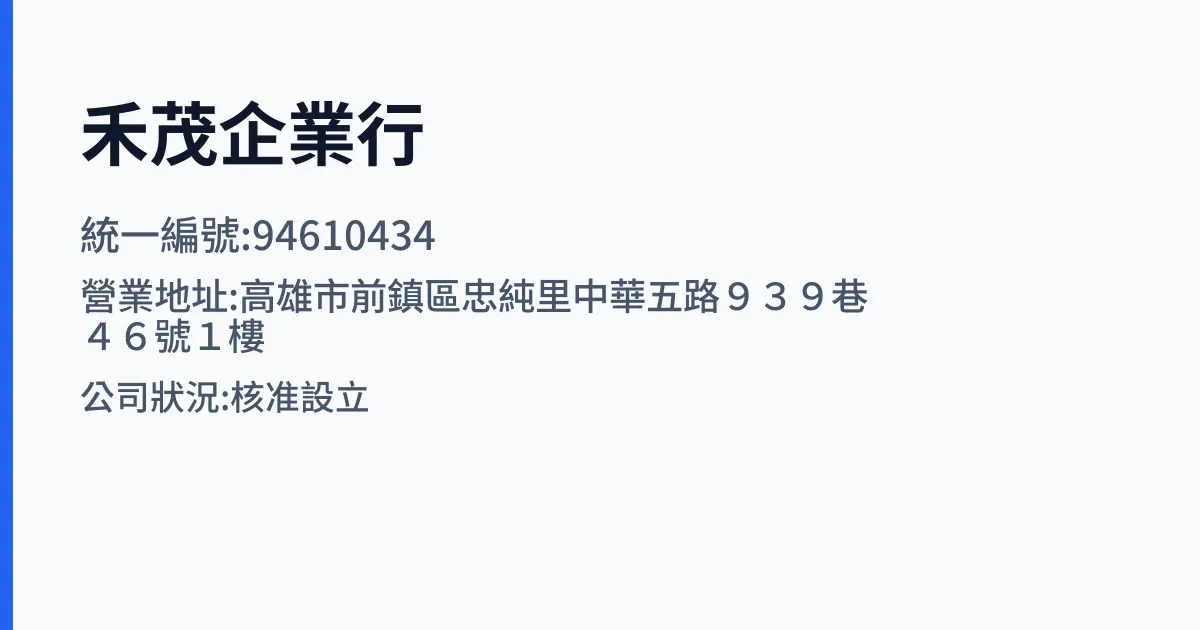 禾茂企業行 - 統編 94610434(高雄市) 公司登記資料與營業項目詳細圖表