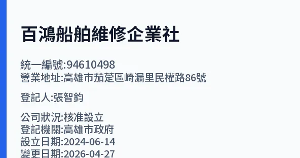 百鴻船舶維修企業社的照片-統編 94610498(高雄市) 公司登記資料與營業項目詳細圖表