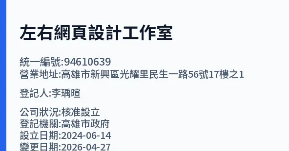 左右網頁設計工作室的照片-統編 94610639(高雄市) 公司登記資料與營業項目詳細圖表