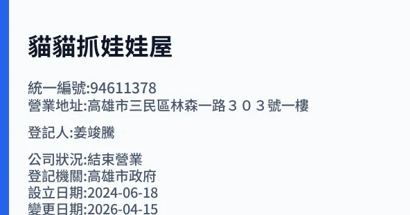 貓貓抓娃娃屋的照片-統編 94611378(高雄市) 公司登記資料與營業項目詳細圖表