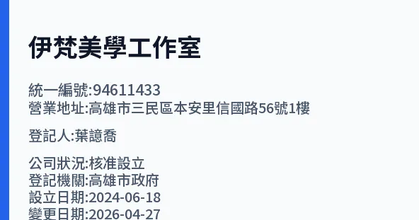 伊梵美學工作室的照片-統編 94611433(高雄市) 公司登記資料與營業項目詳細圖表