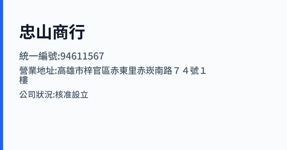 忠山商行 - 統編 94611567(高雄市) 公司登記資料與營業項目詳細圖表